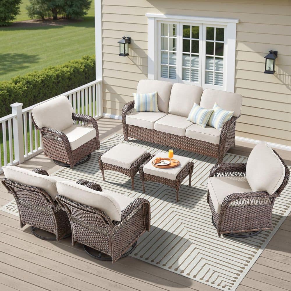 Buenaola Brown 7-Piece Wicker Patio Conversation Set with Swivel Glider ...