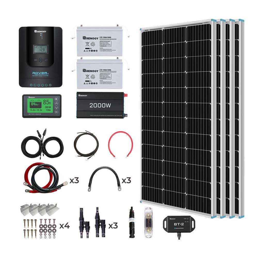 Renogy 400-Watt Solar Panel Kit 12 Volt with Two 100Ah Deep-Cycle AGM ...