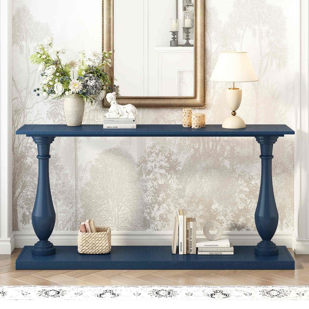 Polibi 63 in. Navy Blue Rectangle Wood Console Table Entryway Table ...