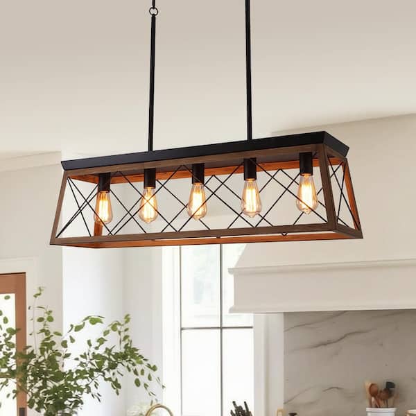 Y'INSP 5 Light Black Farmhouse Linear Pendant Lighting Rectangular ...