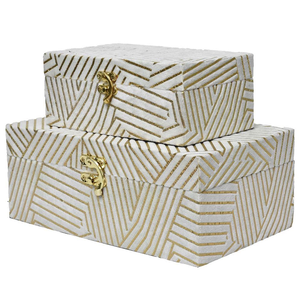 White Velvet Storage Box Set with Gold Stripe-Decorative Organizer for ...