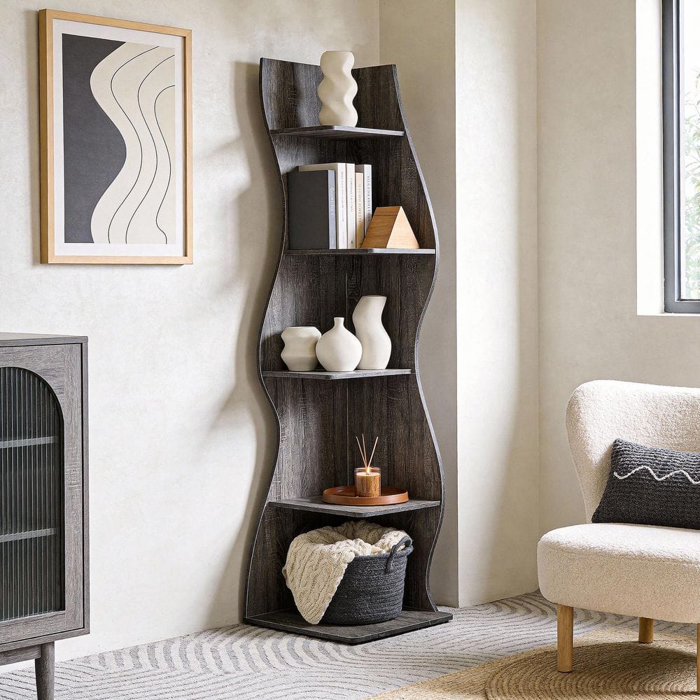 TRIBESIGNS WAY TO ORIGIN Modern 70 in. Tall Gray Wood 5-Shelf Corner ...