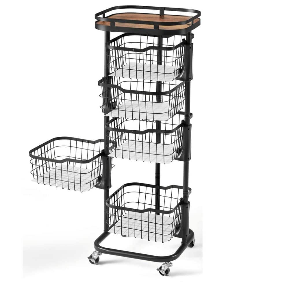 Wudkey 5-Shelf Black Pantry Organizer with Wheels and 1-Piece Rotating ...