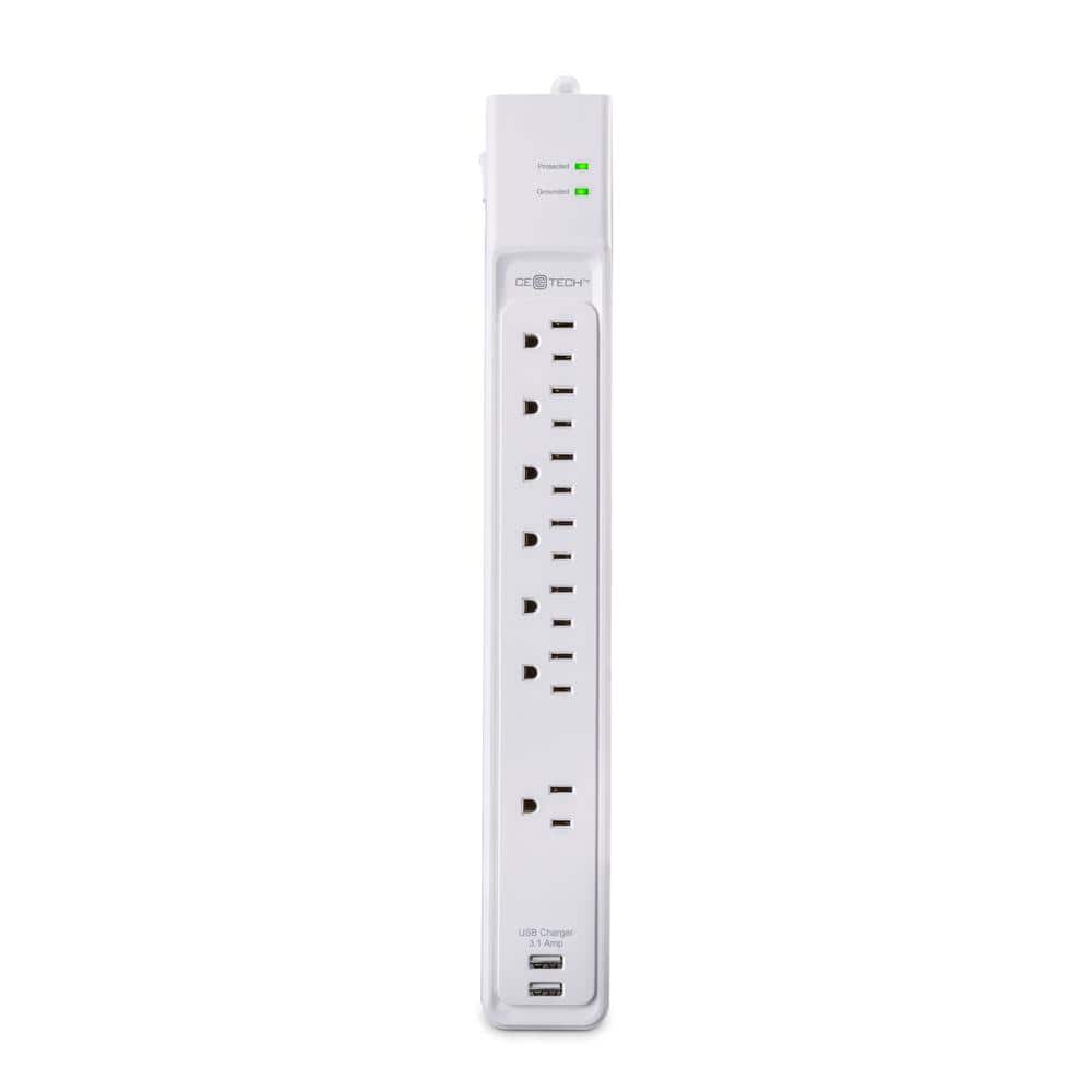 CE TECH 6 ft. 7-Outlet Surge Protector with USB, White HDC706UWH - The ...