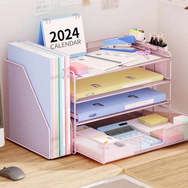 15.5 in x 9.3 in Pink Metal Desk Organizer and Accessories, 4-Tier ...