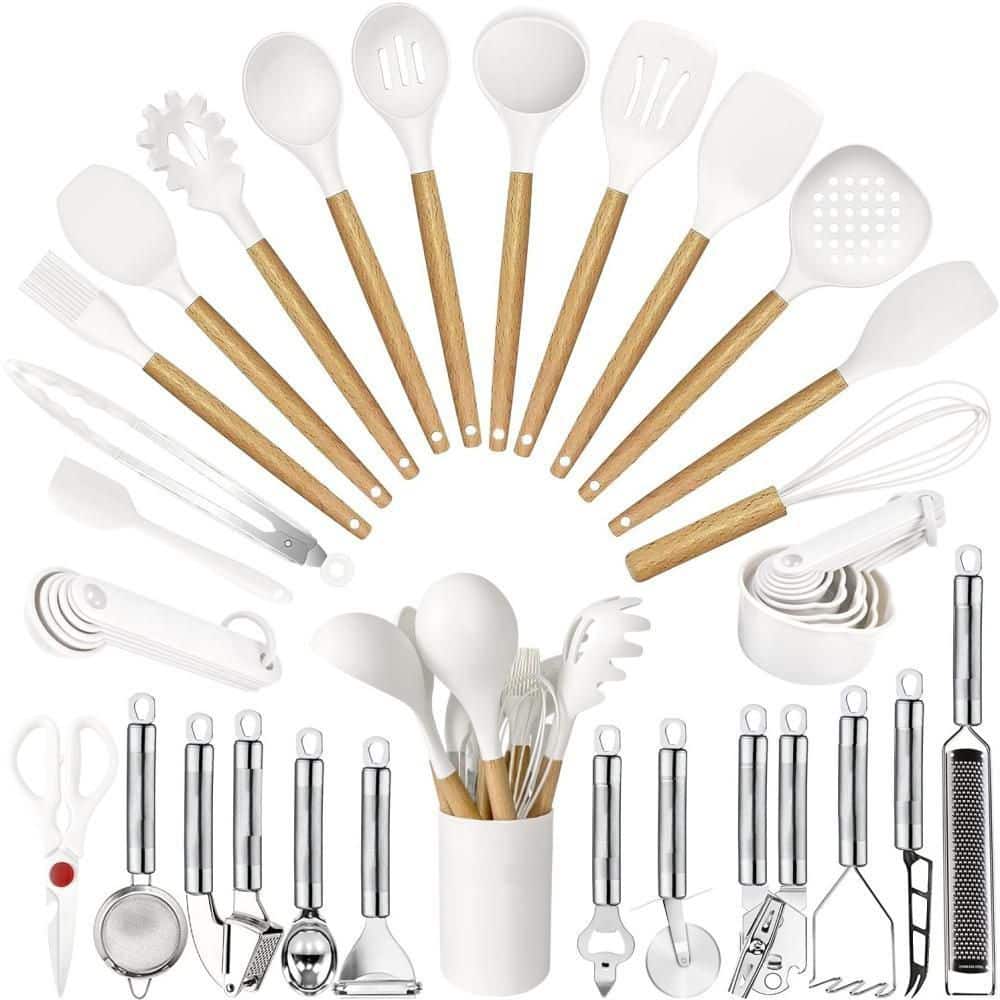 Numhew 35-Piece White Kitchen Utensils with Wooden Handles, Including ...