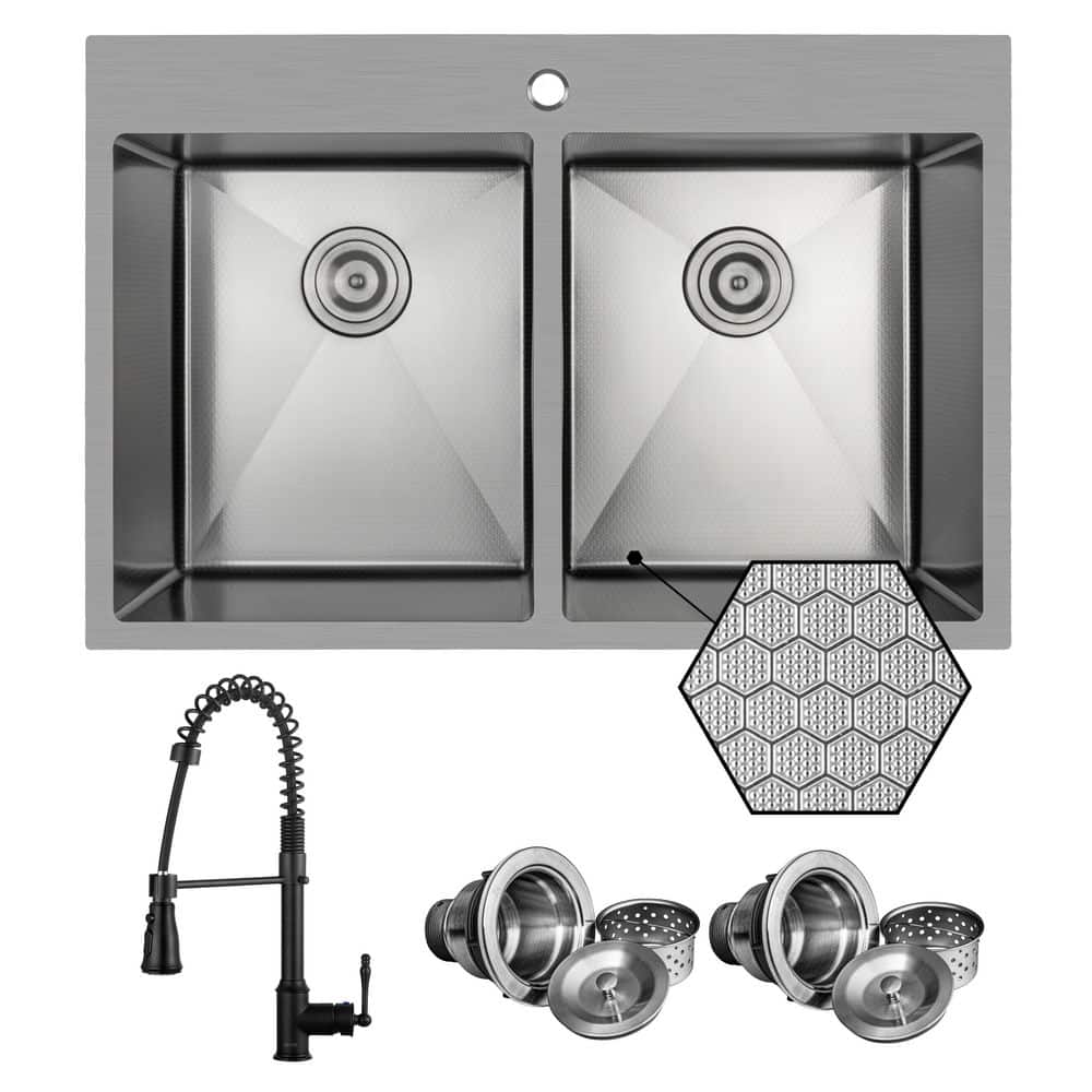 Golden Vantage HEX 33 in. Drop-in Double Bowl Gunmetal Black Stainless ...