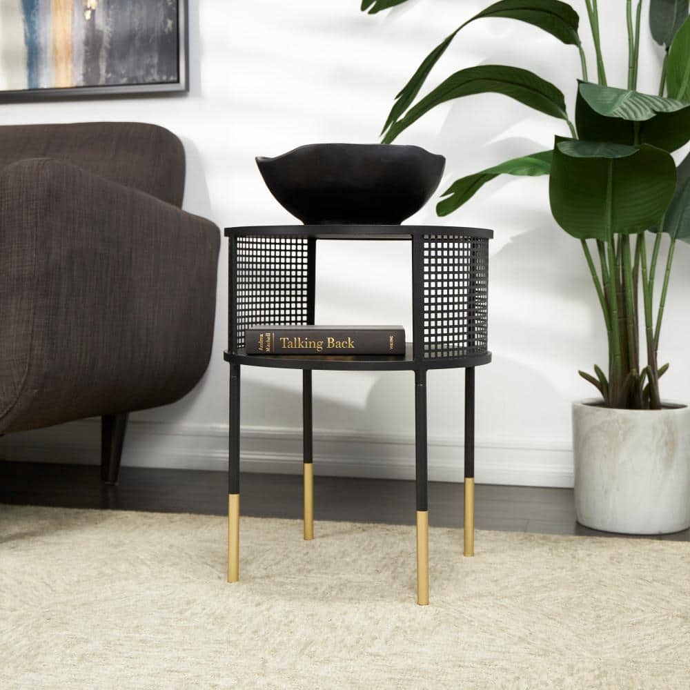 Litton Lane 17 in. Black Large Round Metal End Table with Gold Legs ...