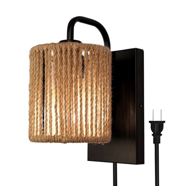 Ahull 4.52 in. 1-Light Brown Bohemian Wall Sconce with Rattan Shade for ...
