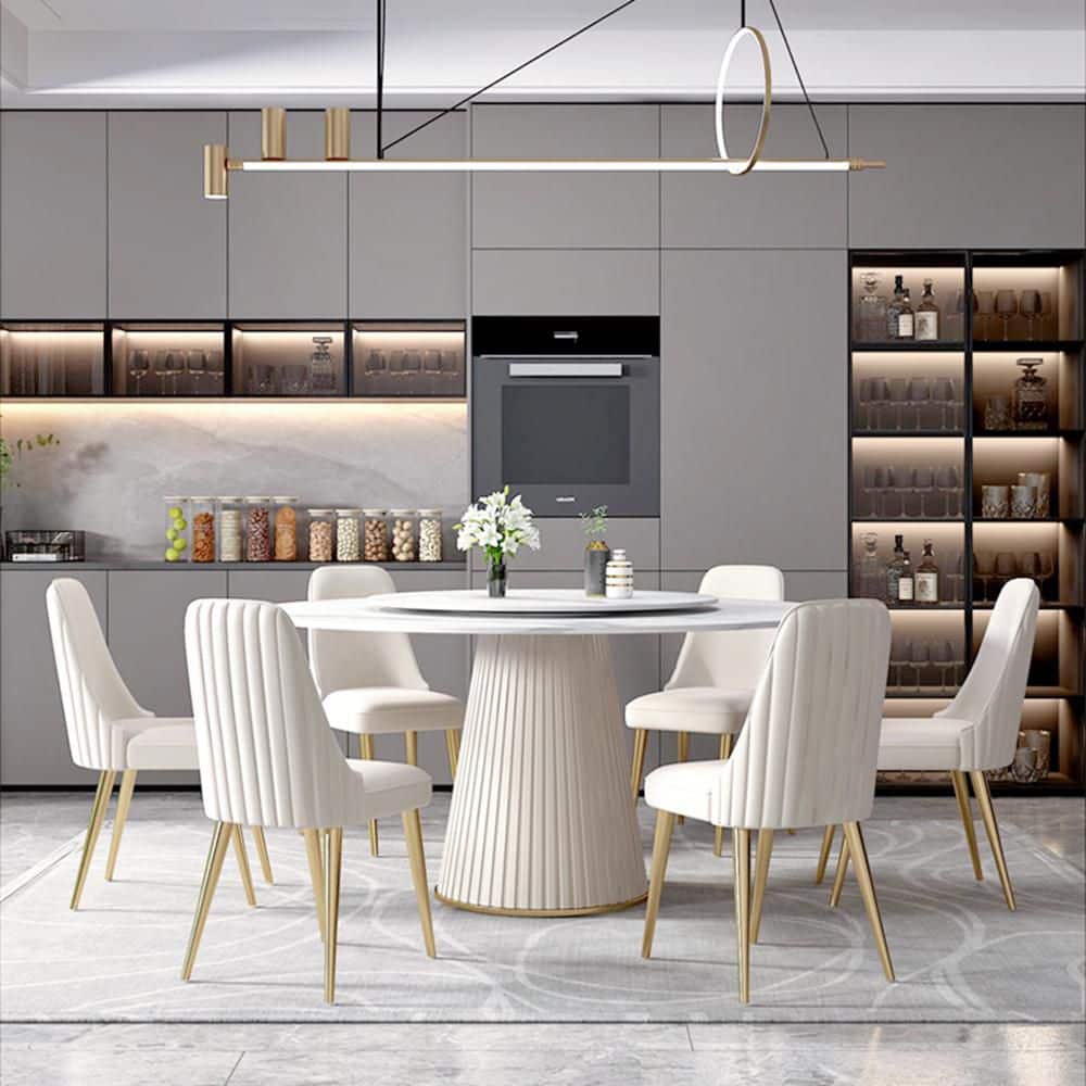 Magic Home 59.05 in. White Circular Rotable Sintered Stone Tabletop ...