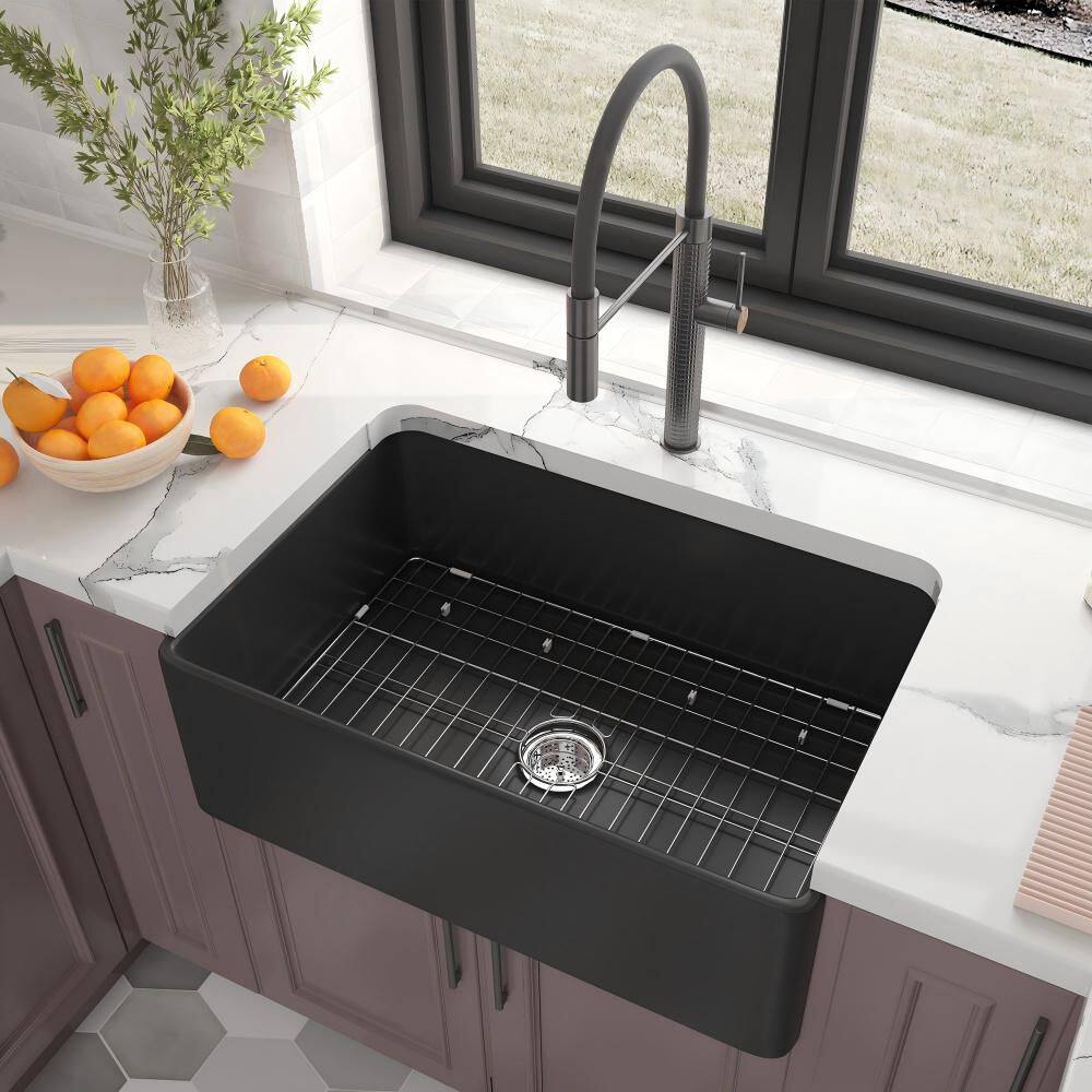 Jasmie Farmhouse Sink 30 in. Single Bowl Matte Black Fireclay Kitchen ...