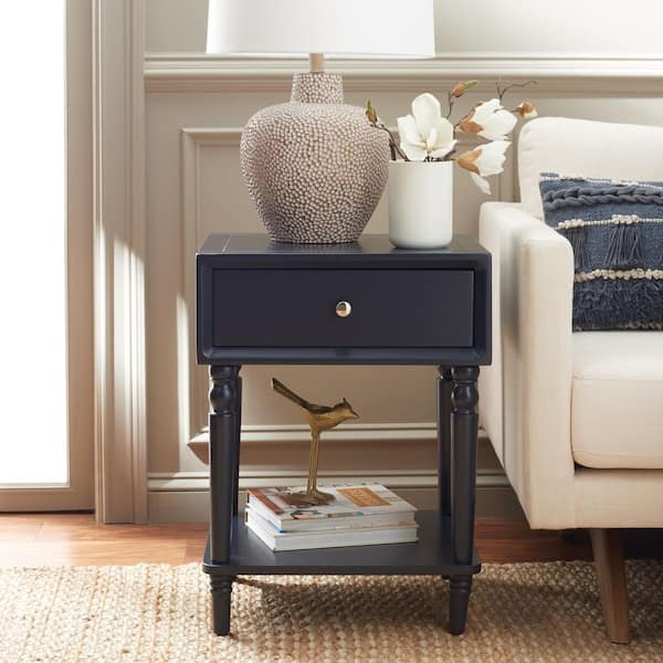 SAFAVIEH Siobhan 18 in. Navy Rectangle Wood End Table with 1-Drawer ...