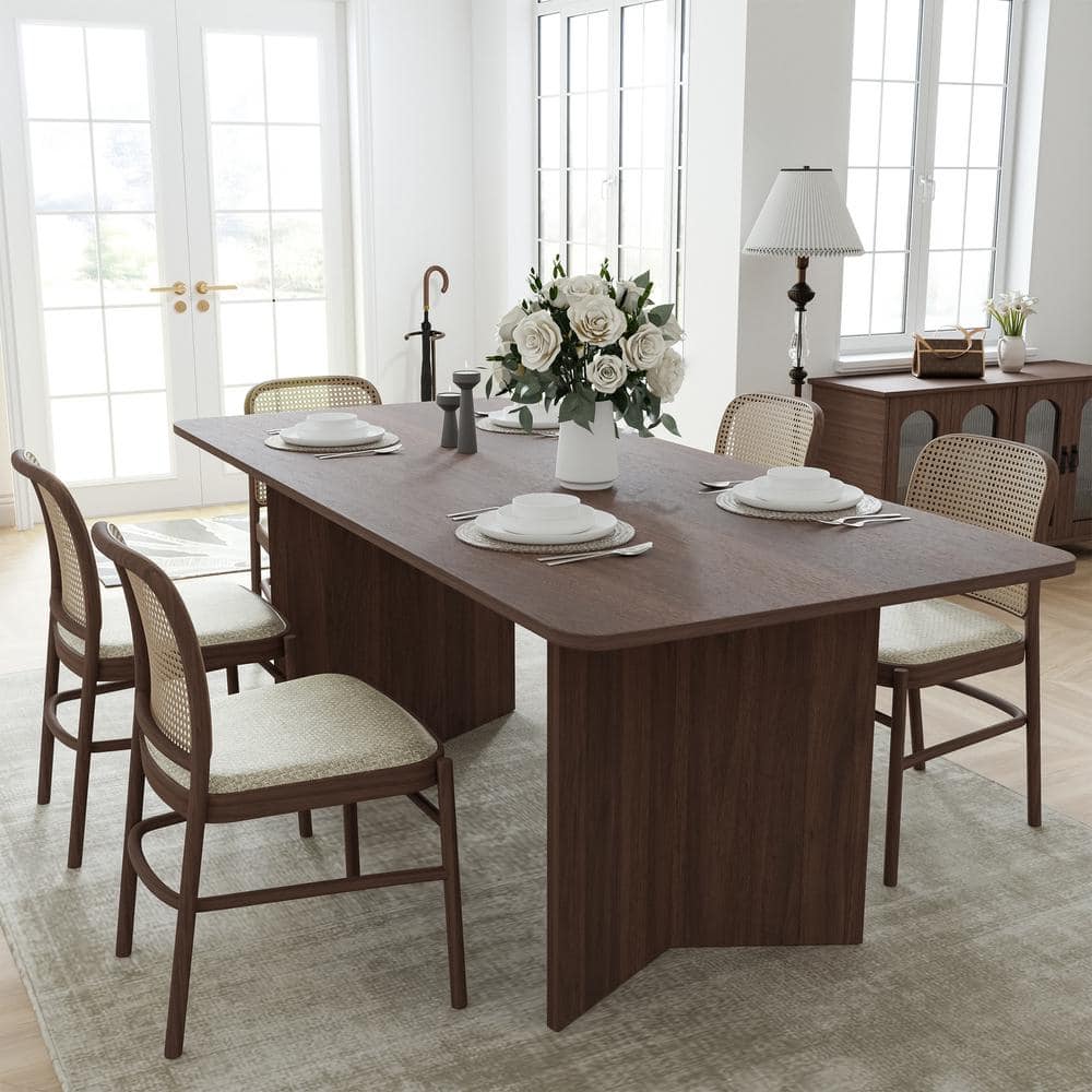 Dovelina Brix Modern Rectangle Walnut Wood Top 67 in. Double Pedestal Base Dining Table Seats 6 ...