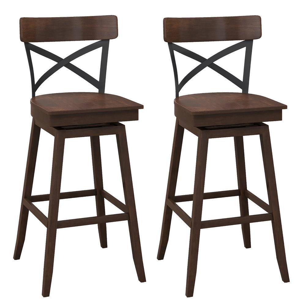 Gymax Set of 2 29 in. Brown Wooden Metal Swivel Bar Stools Bar Height ...