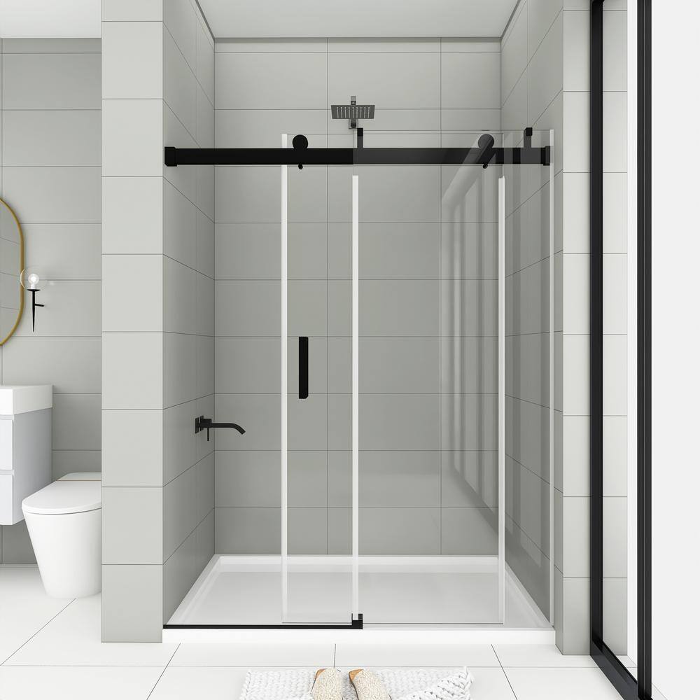 72 in. W x 76 in. H Sliding Frameless Single Shower Door in Matte Black ...