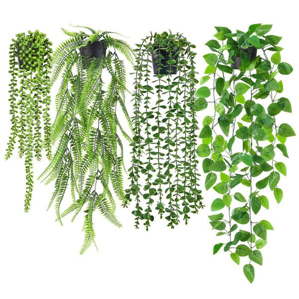 34 in. Green Fake Plant Hanging Plants with Pots, Artificial Ivy Vine ...