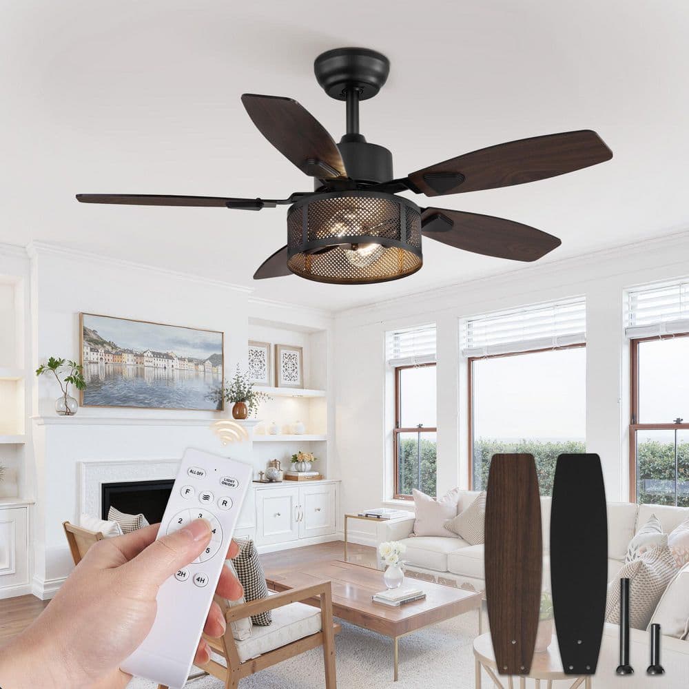 HINNIXY 42 in. Black Fandelier Caged Low Profile Outdoor Ceiling Fans ...