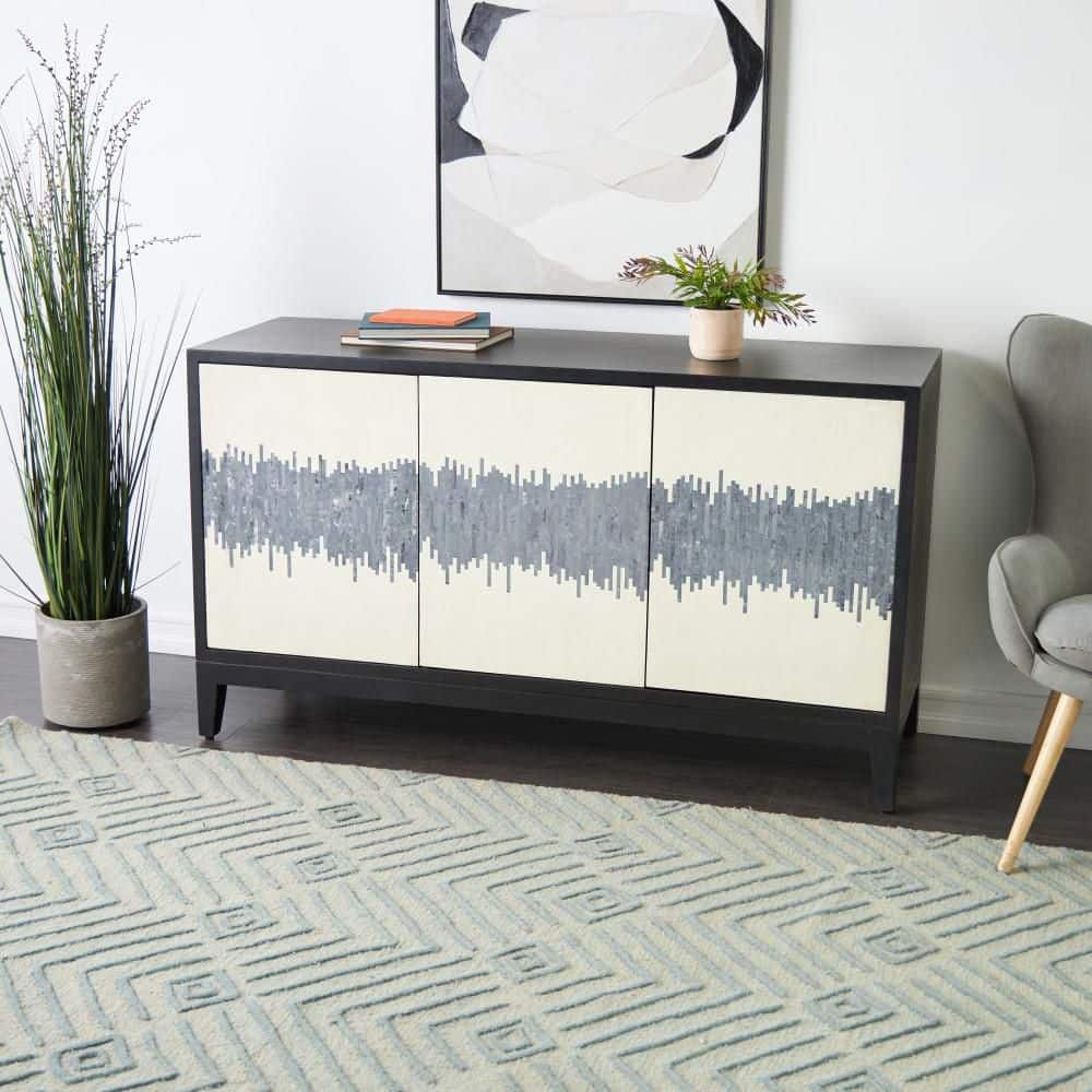 Litton Lane Black Wood 60 in. 3 Door and 3 Shelf Buffet Sideboard with White Front and Blue ...