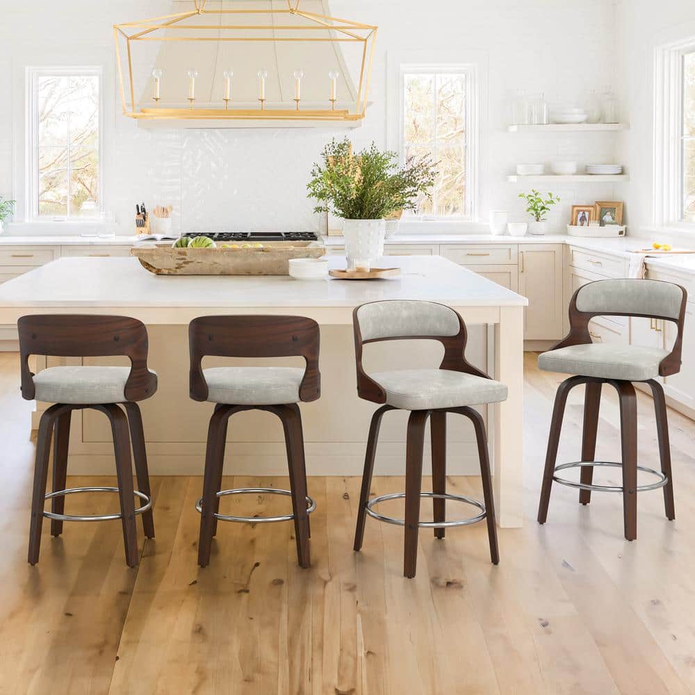 cozyman Edwards 26 in.Cream Gray Faux Leather Swivel Bar Stool with ...