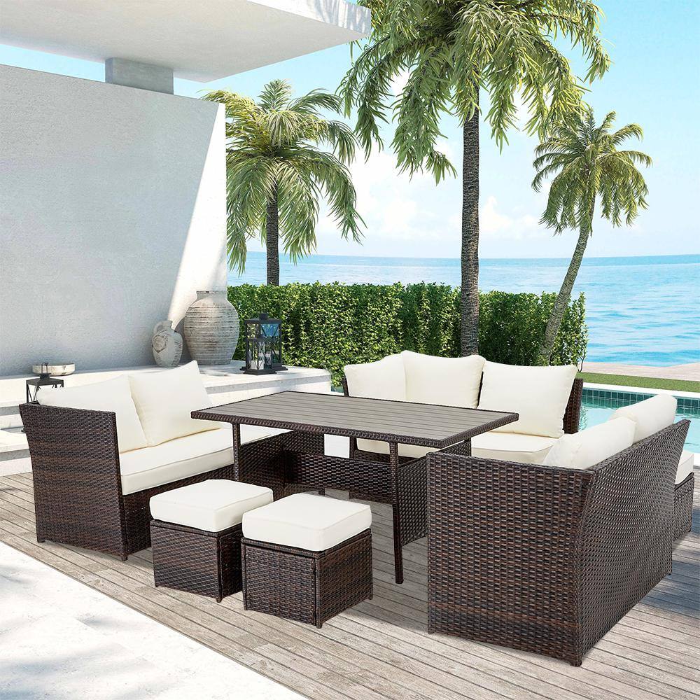 Black 7 -Piece Wicker Rattan Outdoor Coversation Sectional Set with ...