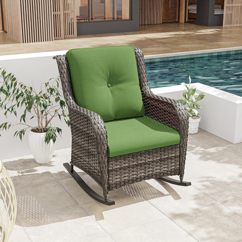 JOYSIDE Wicker Outdoor Patio Rocking Chair with Green Cushion M04T-GRN ...