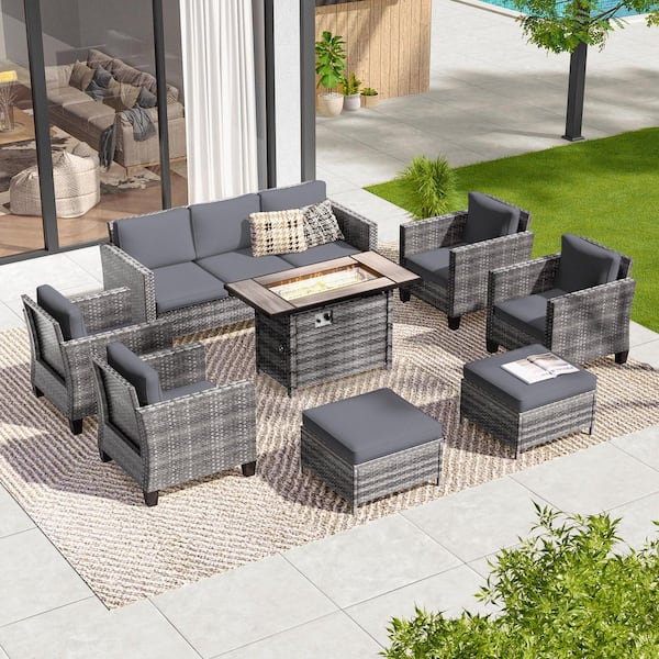 JOYESERY 8-Pieces Patio Conversation Set with Rectangle Fire Pit Table ...