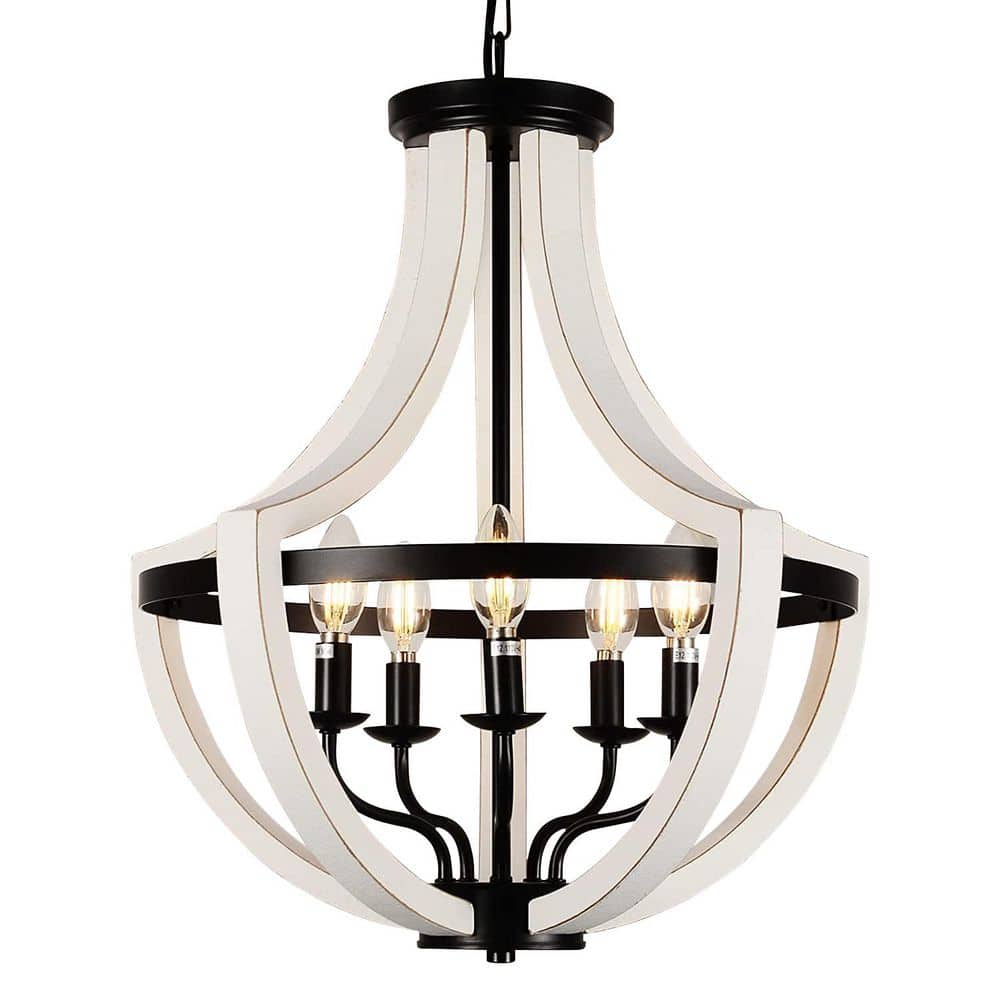 Zavvio 5-Light Modern White Solid Wood Chandeliers and Matte Black ...