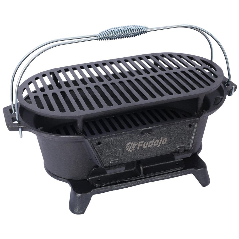 2-in-1 Cast Iron Portable Charcoal Grill and Griddle Skillet in Black ...
