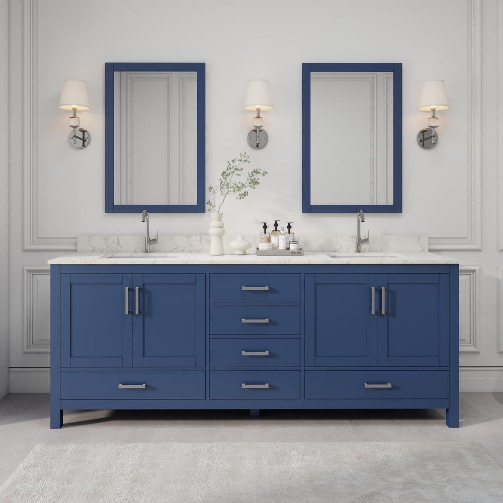SJ STAR&JANE Kiele 84 in. W x 22 in. D x 34 in. H Bath Vanity in Blue with White Carrara Marble ...