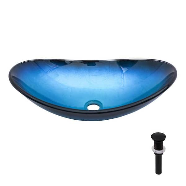 Qidian 21.5 in. Blue Boat Tempered Glass Vessel Bathroom Sink with Pop ...