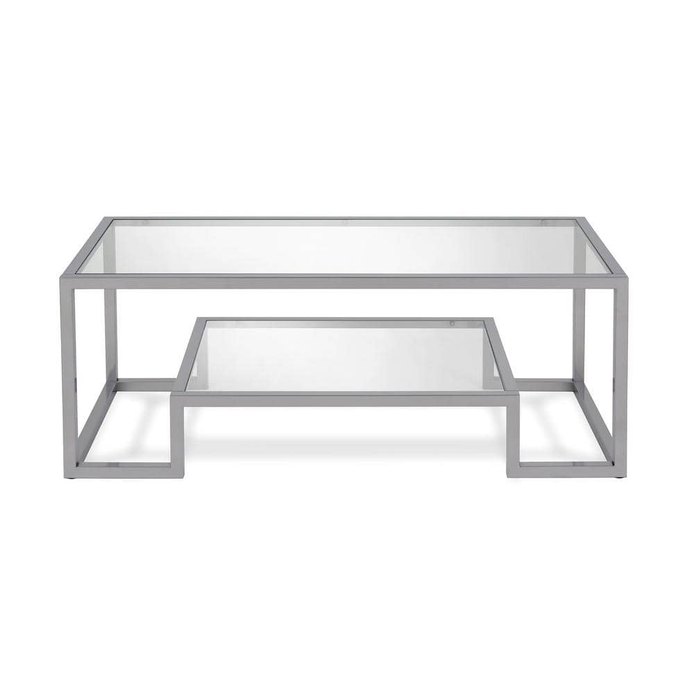 HomeRoots 45 in. Silver Rectangle Glass Coffee Table with Shelves ...