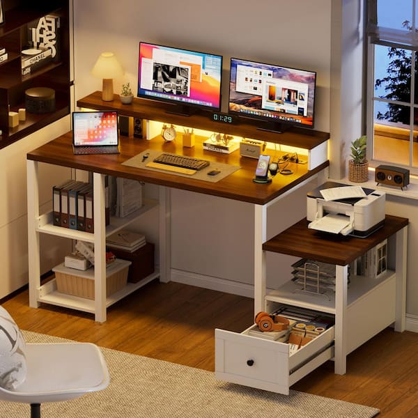 PAKASEPT 61.2 in. White Farmhouse Office Desk with Drawer and Power ...