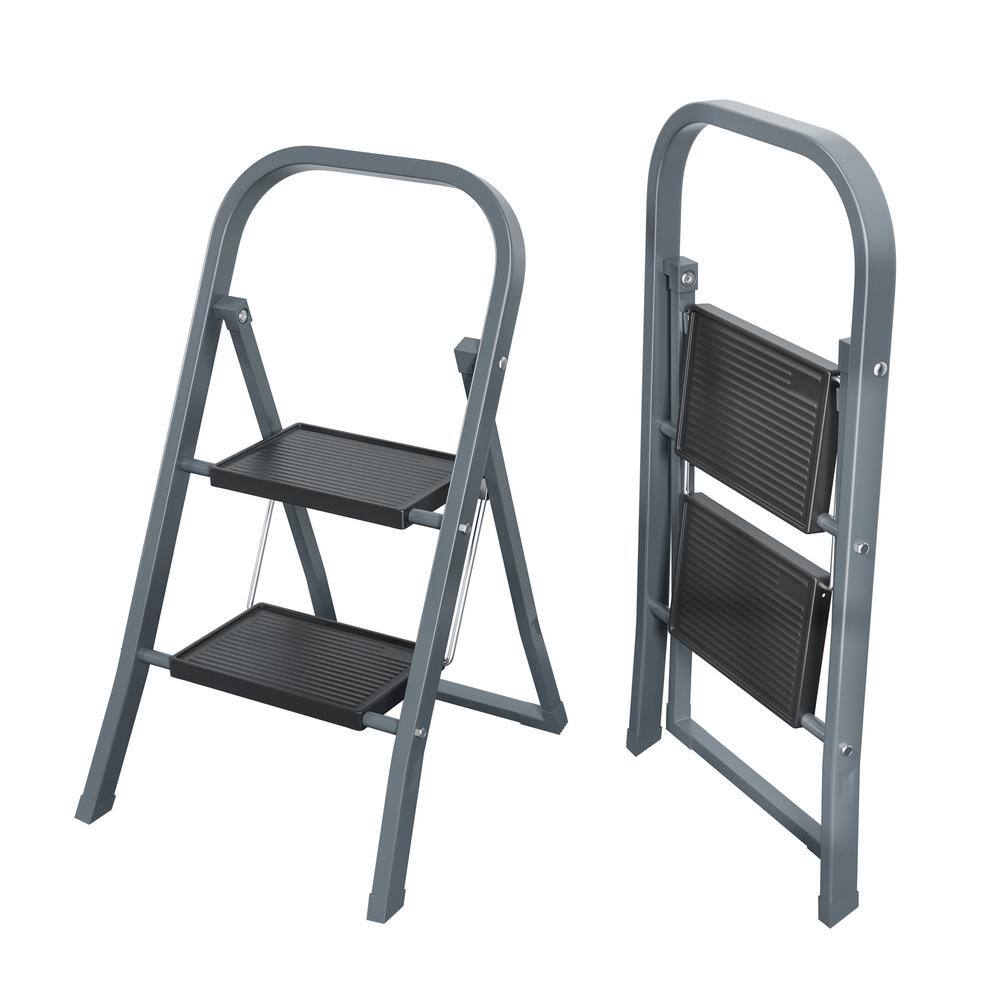 WELLFOR 2-Step 7.25 ft. Iron Step Stool 330 lbs. Load Capacity in Gray ...