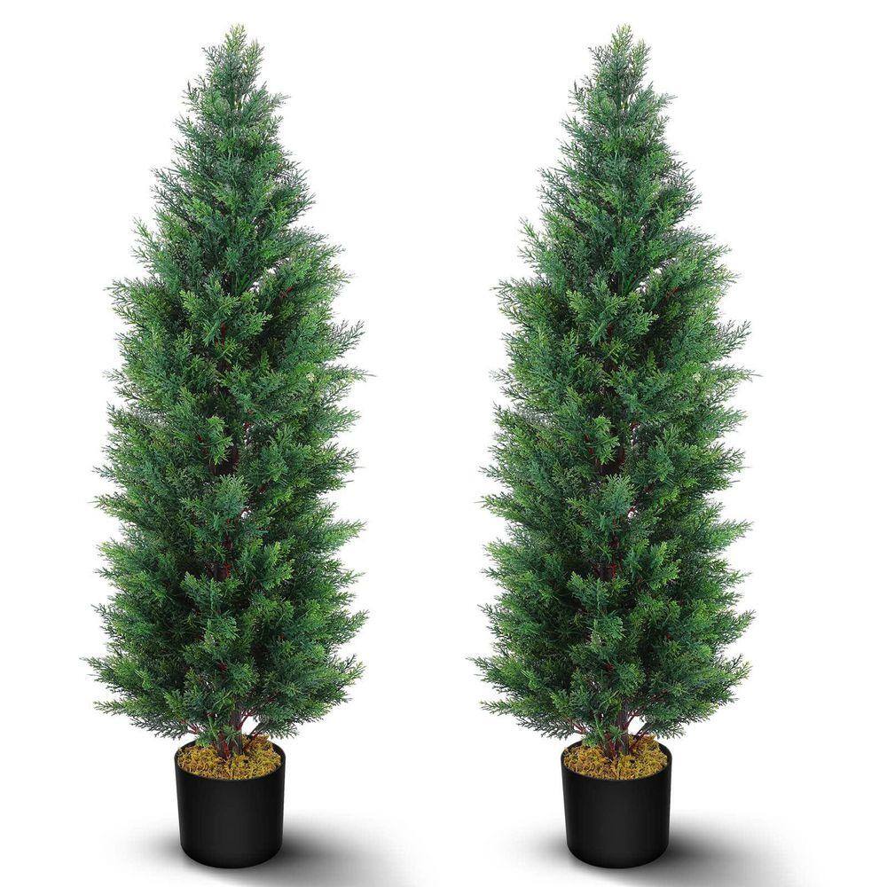 2-Pieces 4 ft. Artificial Topiary Cedar Trees in Pot, Outdoor Faux Pine ...