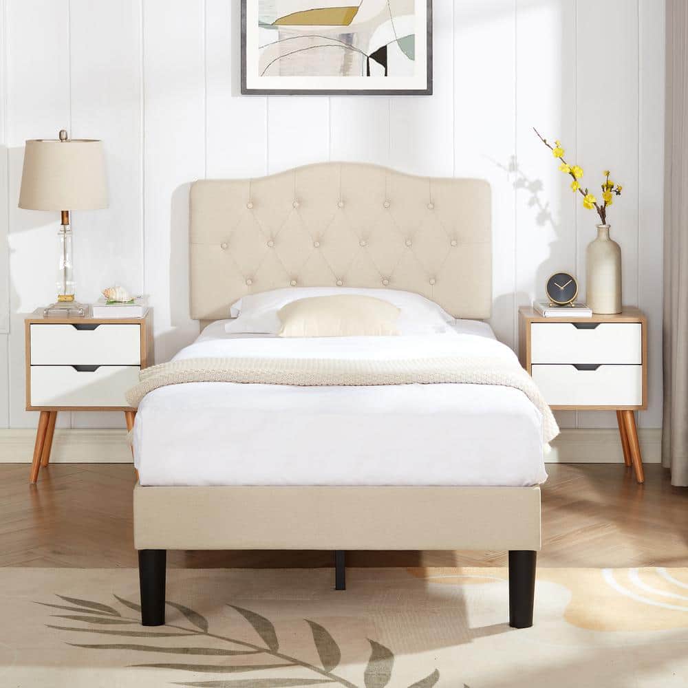VECELO Bed Frame with Button, Beige Wood Frame Slat Support Easy ...