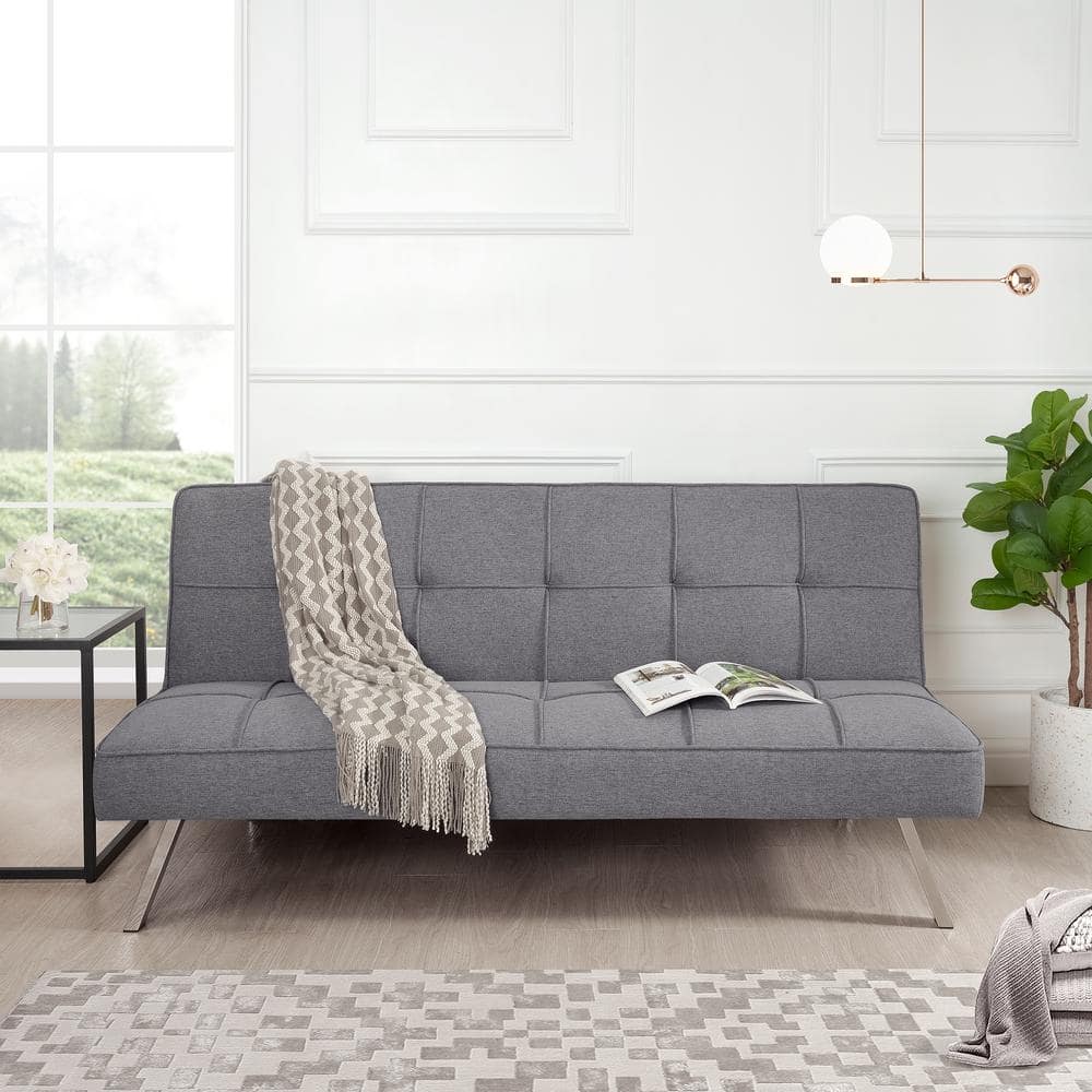 HOMESTOCK Gray Modern Futon Sofa Bed - Convertible Futon with Linen ...