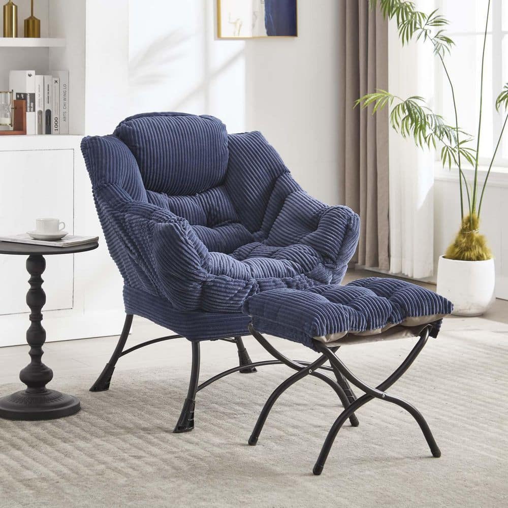 Navy Blue Cotton Lazy Chair with Ottoman Modern Upholstered Accent ...