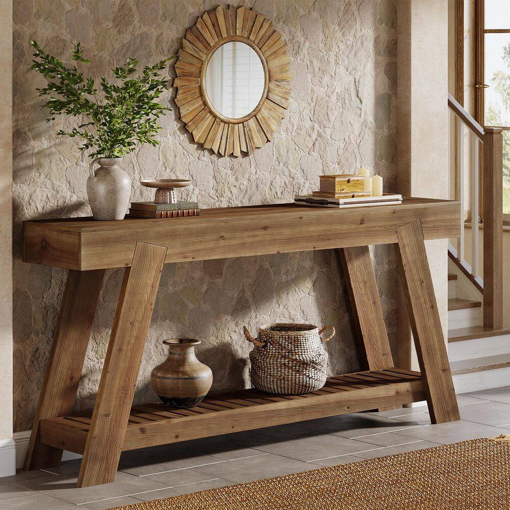 BYBLIGHT Turrella 62.99 in. W Walnut Rectangle Solid Wood Console Table ...