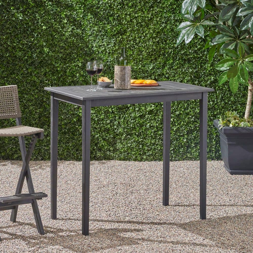 45 in. Acacia Wood Outdoor Minimalist Rectangle Bar Table in Dark Gray ...