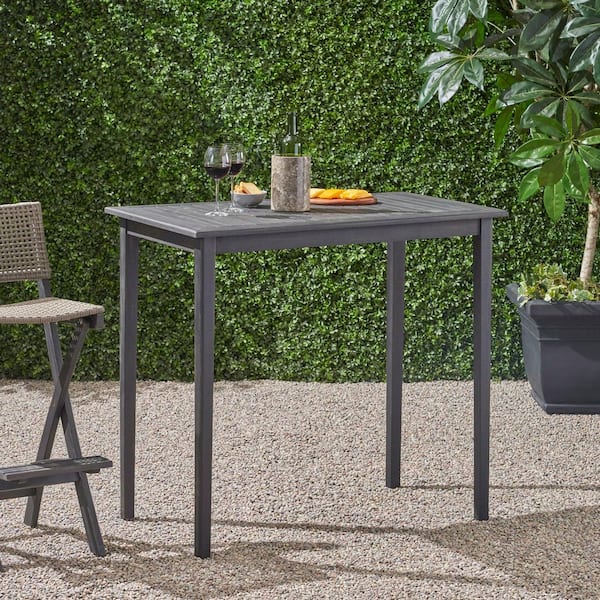 45 in. Acacia Wood Outdoor Minimalist Rectangle Bar Table in Dark Gray ...