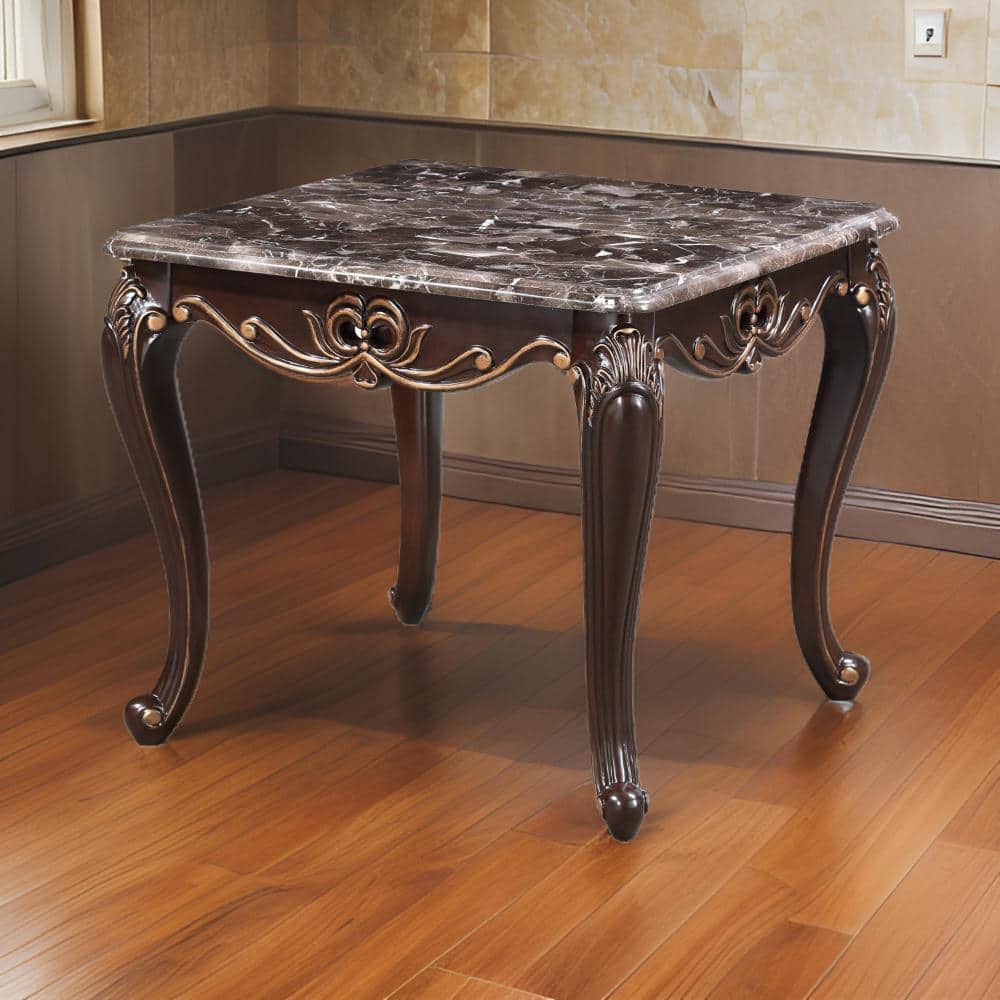 Benjara 26 in. Brown, Gray, White and Gold Square Marble End Table with ...
