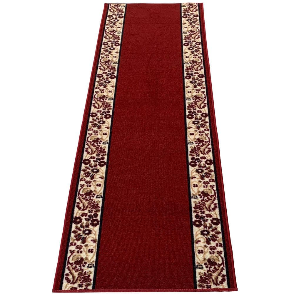 PLAYA RUG Flower Border Red 26 in. W x 13 ft. L RunnerRug/Stair Runner ...