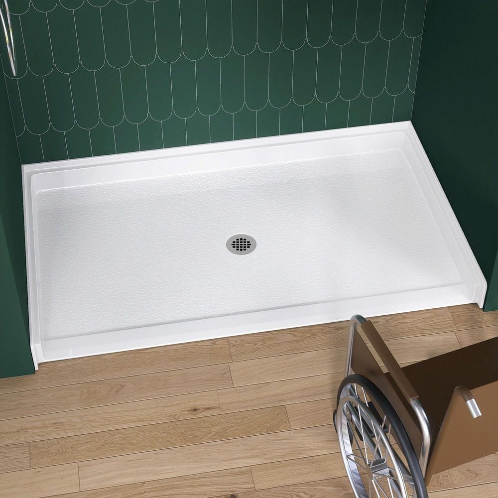 Zeafive 60 in. L x 36 in. W Alcove Acrylic ADA Shower Pan Base with Center Drain Low Profile ...