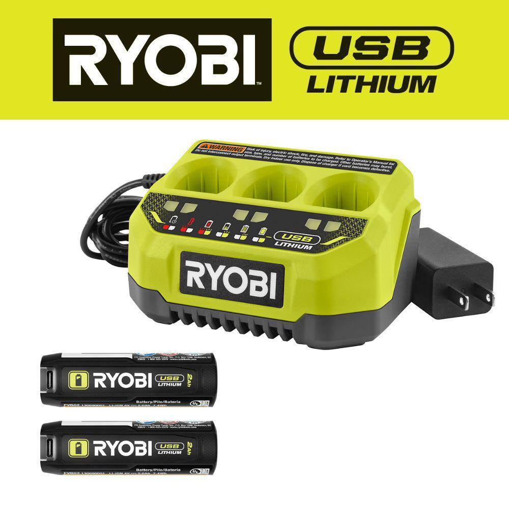 RYOBI USB Lithium Starter Kit with (2) 2.0 Ah Batteries and 3-Port ...