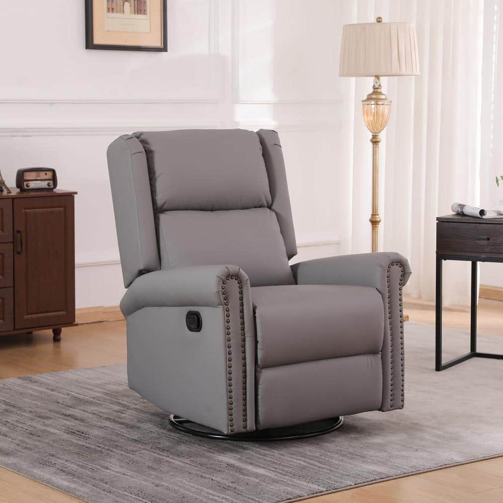 Noble House Darcy Gray Faux Leather 360 Degree Swivel Manual Recliner ...
