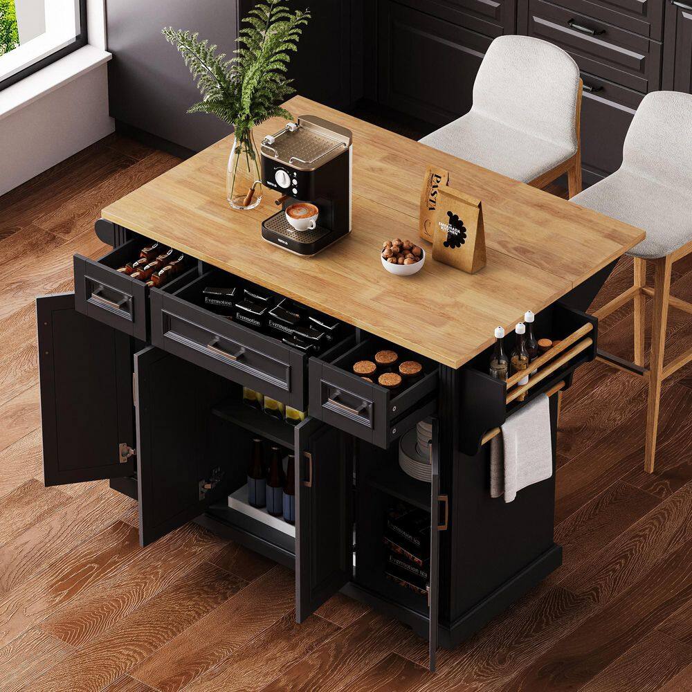 Ximuprmy Black Wood 54 in. Kitchen Island with Embossed Texture Panel ...