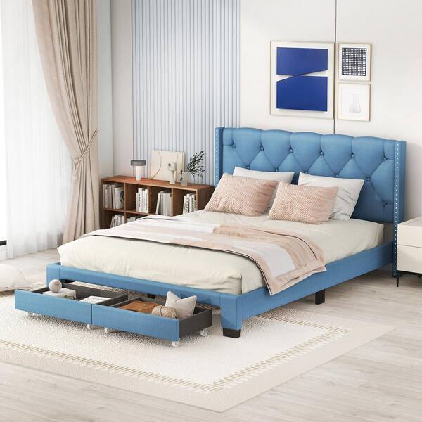 Harper And Bright Designs Blue Wood Frame Queen Size Linen Upholstered
