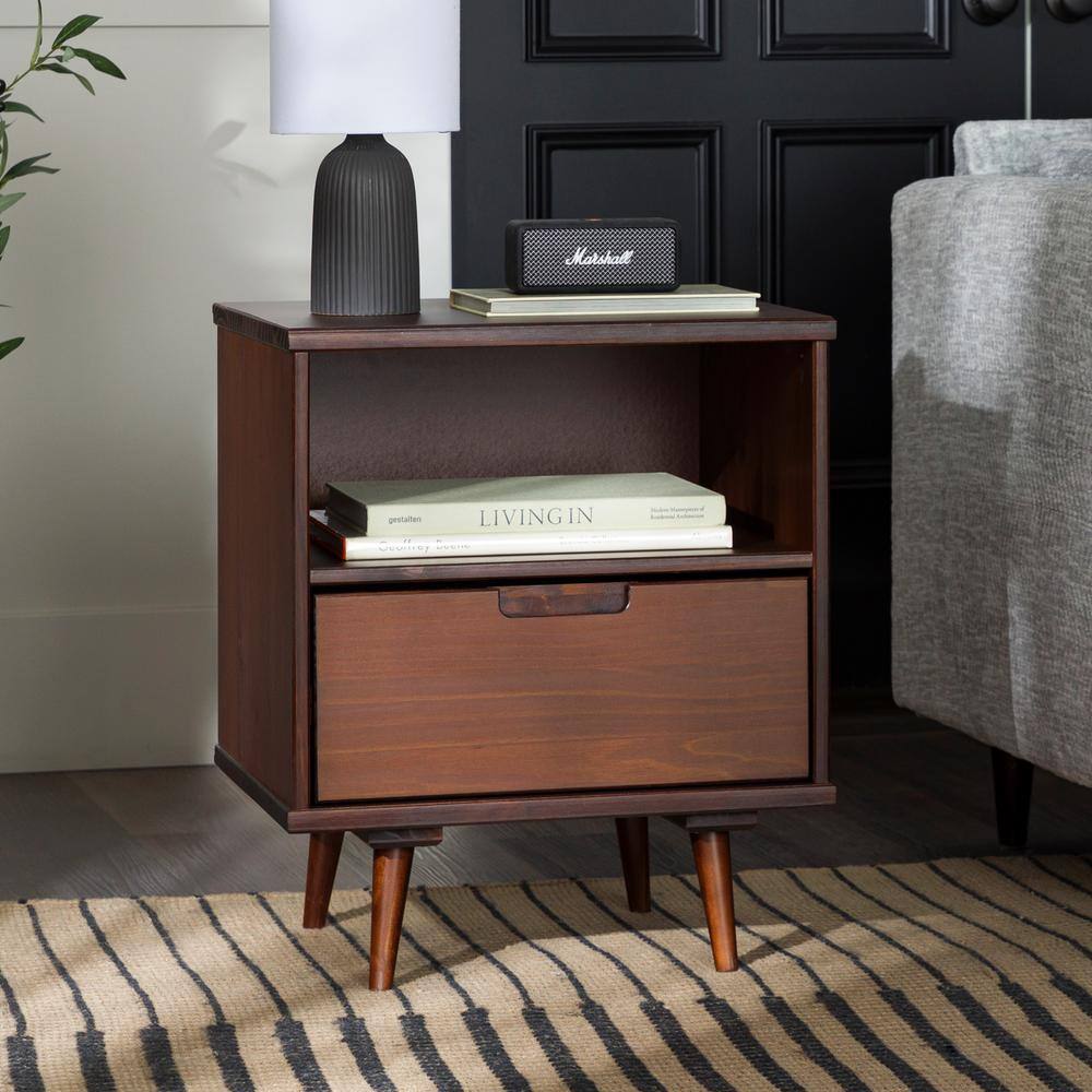 Welwick Designs 1-Drawer Walnut Solid Wood Mid-Century Modern Storage ...