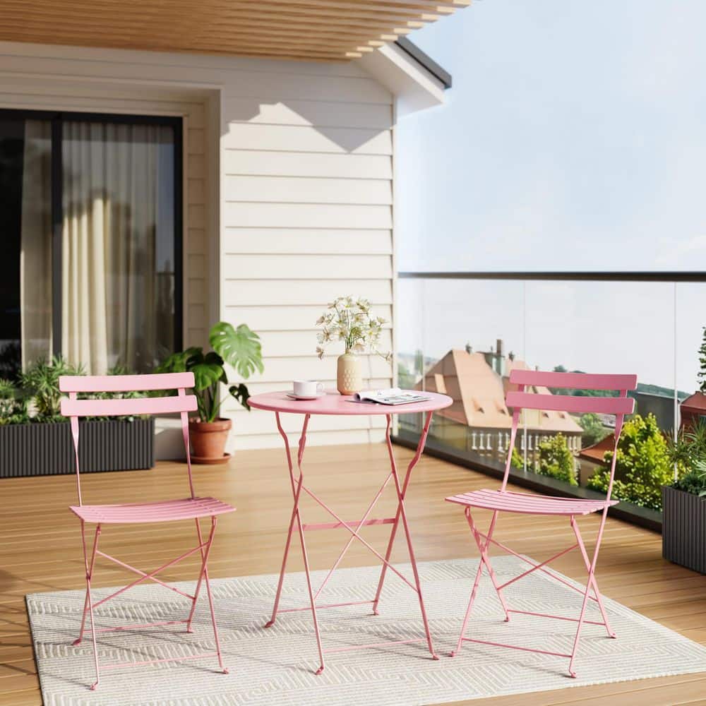 3 Piece Pink Metal Patio Bistro Set with Folding Table and 2 Chairs for ...