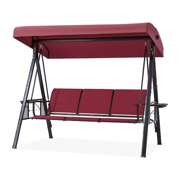 Sudzendf 3-Person Red Metal Patio Swing with Textilene Backrest and 2 ...